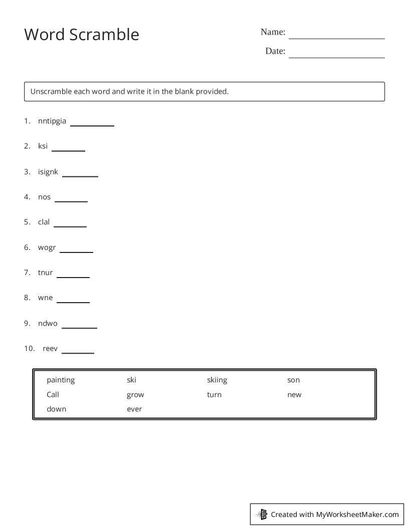 Word Scramble - My Worksheet Maker: Create Your Own Worksheets