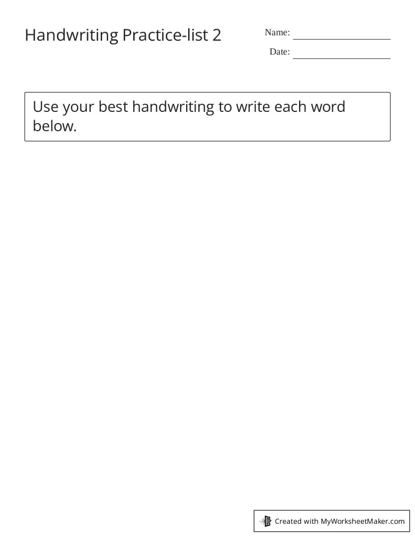 Handwriting Practice-list 2 - My Worksheet Maker: Create Your Own ...