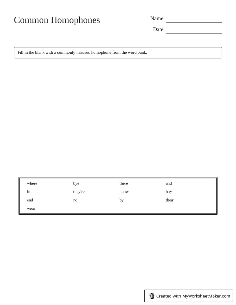 Common Homophones - My Worksheet Maker: Create Your Own Worksheets