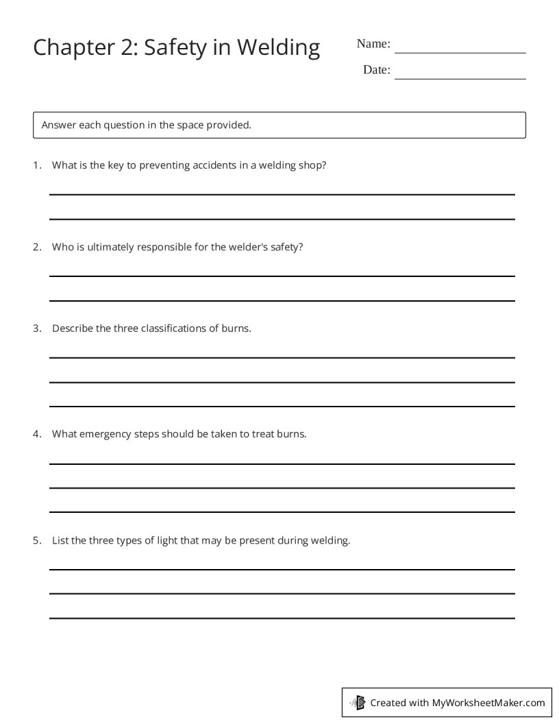 Chapter 2: Safety in Welding - My Worksheet Maker: Create Your Own ...