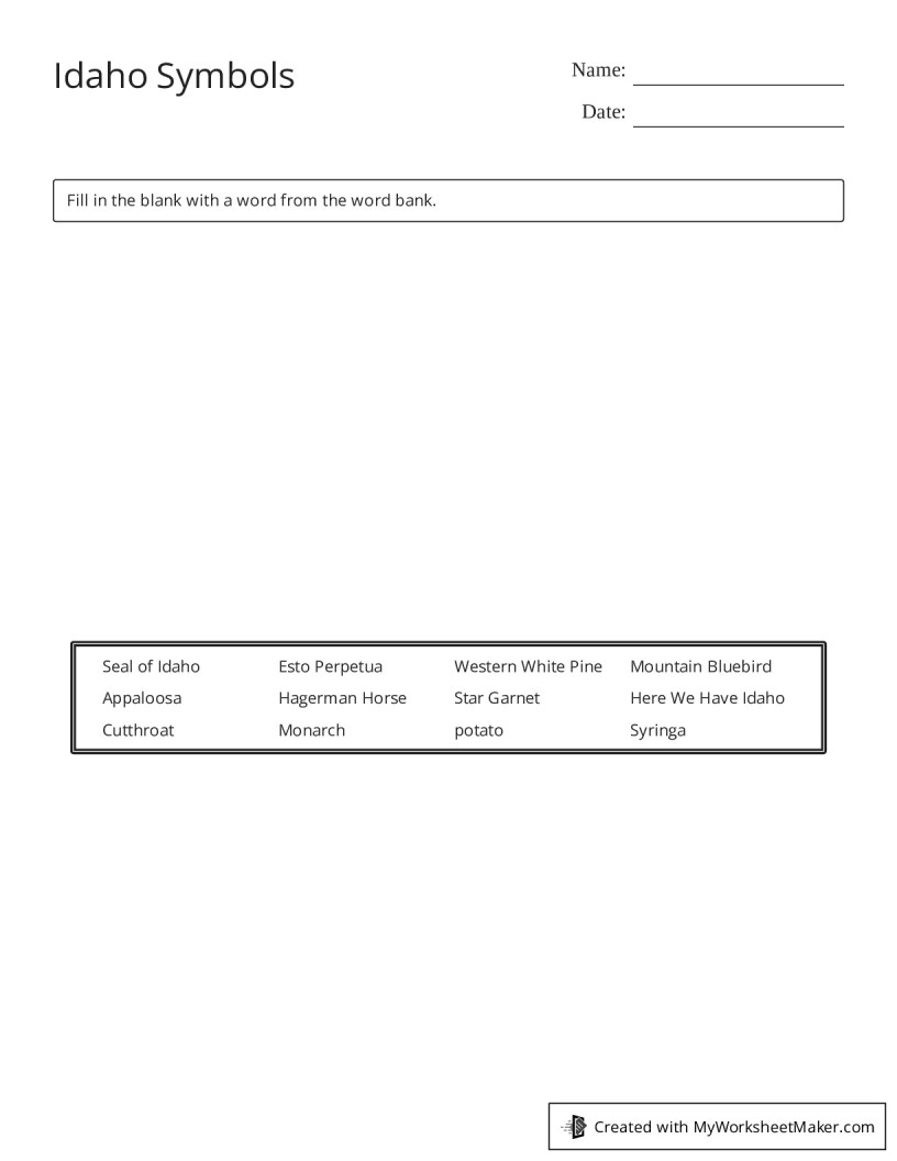 Idaho Symbols - My Worksheet Maker: Create Your Own Worksheets
