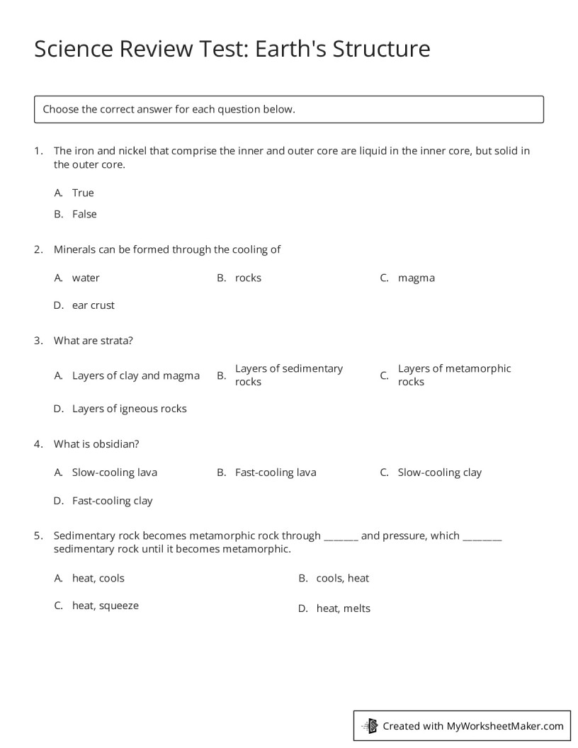 Science Review Test: Earth's Structure - My Worksheet Maker: Create ...