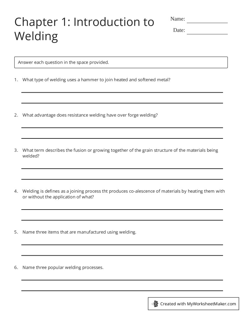 Chapter 1: Introduction to Welding - My Worksheet Maker: Create Your ...