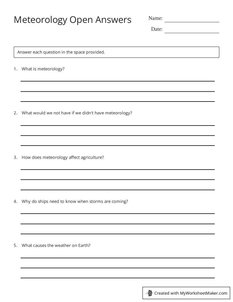 Meteorology Open Answers - My Worksheet Maker: Create Your Own Worksheets