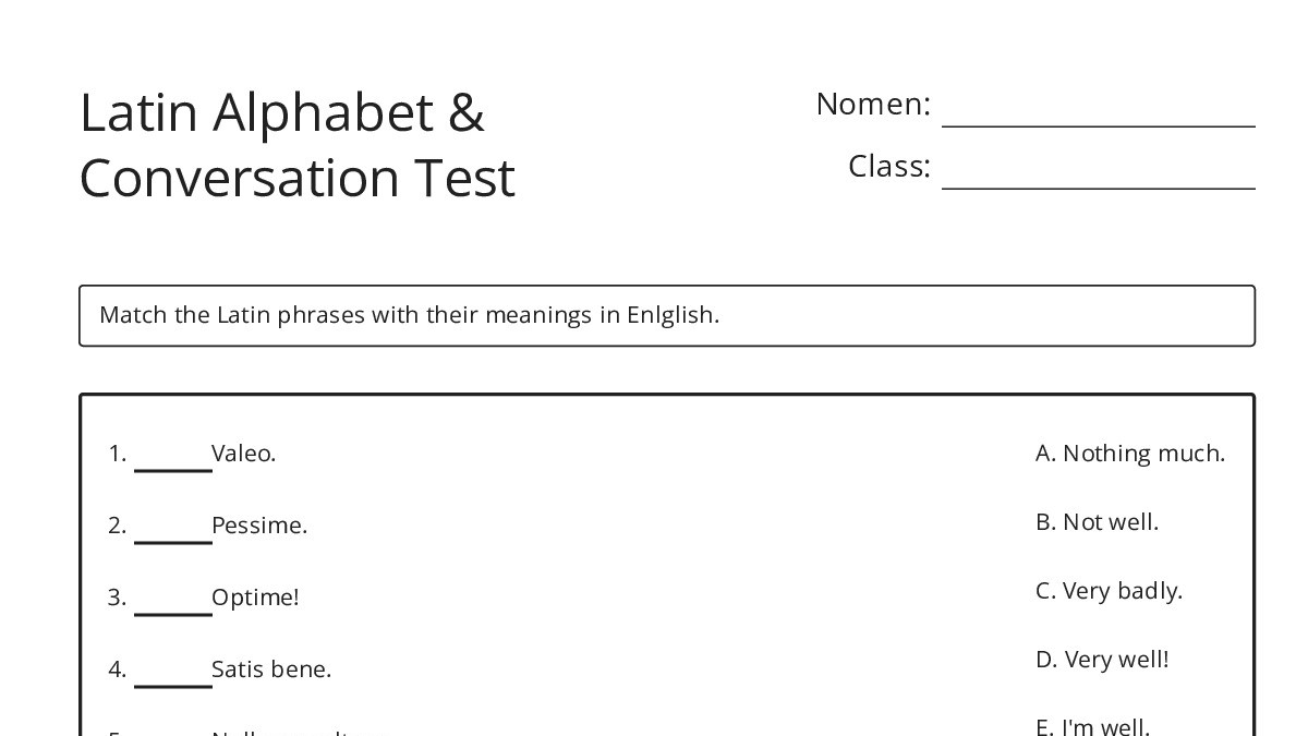 Latin Alphabet & Conversation Test - My Worksheet Maker: Create Your ...