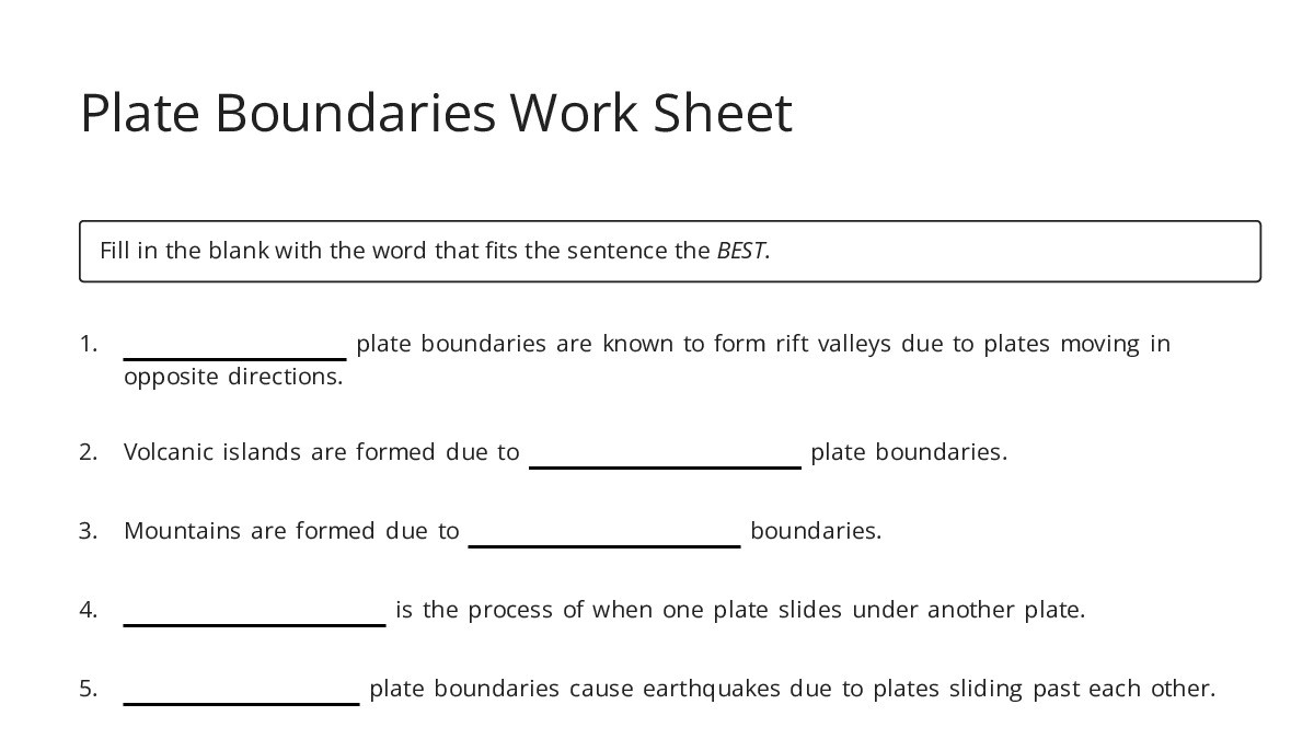 Plate Boundaries Work Sheet - My Worksheet Maker: Create Your Own ...