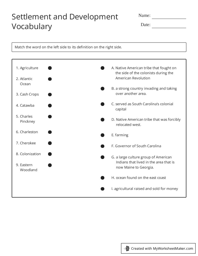 Settlement and Development Vocabulary - My Worksheet Maker: Create Your ...