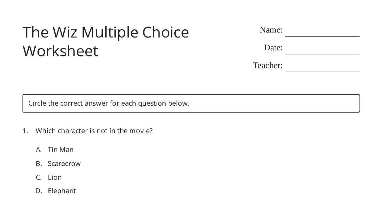 The Wiz Multiple Choice Worksheet - My Worksheet Maker: Create Your Own ...