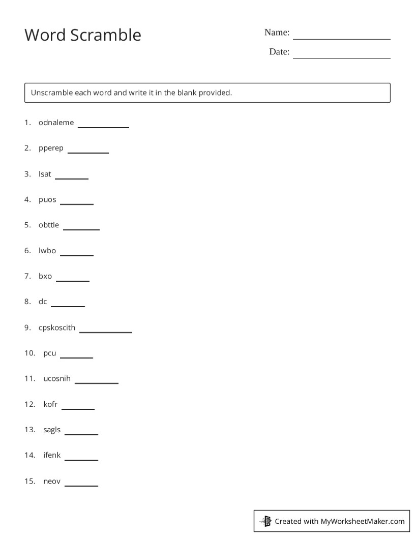 Word Scramble - My Worksheet Maker: Create Your Own Worksheets