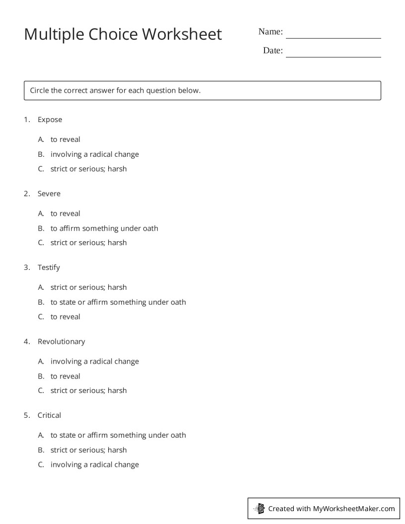 Multiple Choice Worksheet - My Worksheet Maker: Create Your Own Worksheets