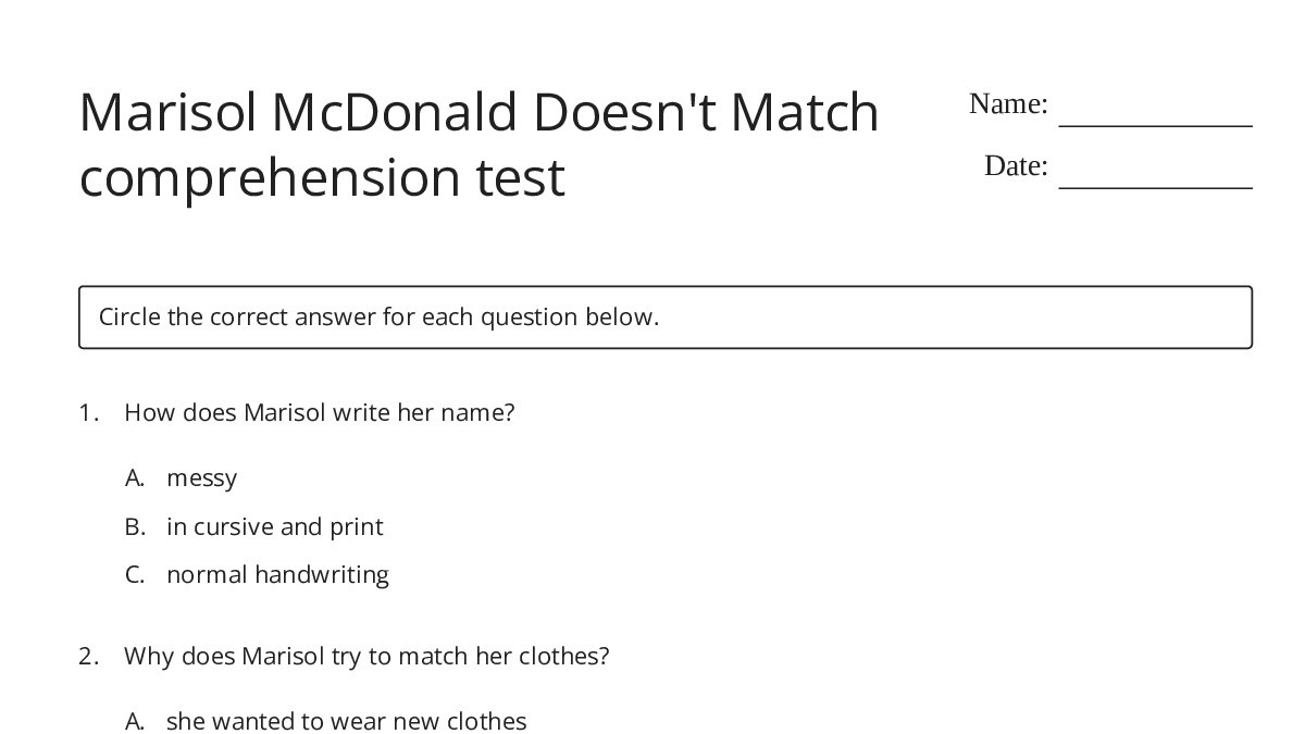 Marisol McDonald Doesn't Match comprehension test - My Worksheet Maker ...