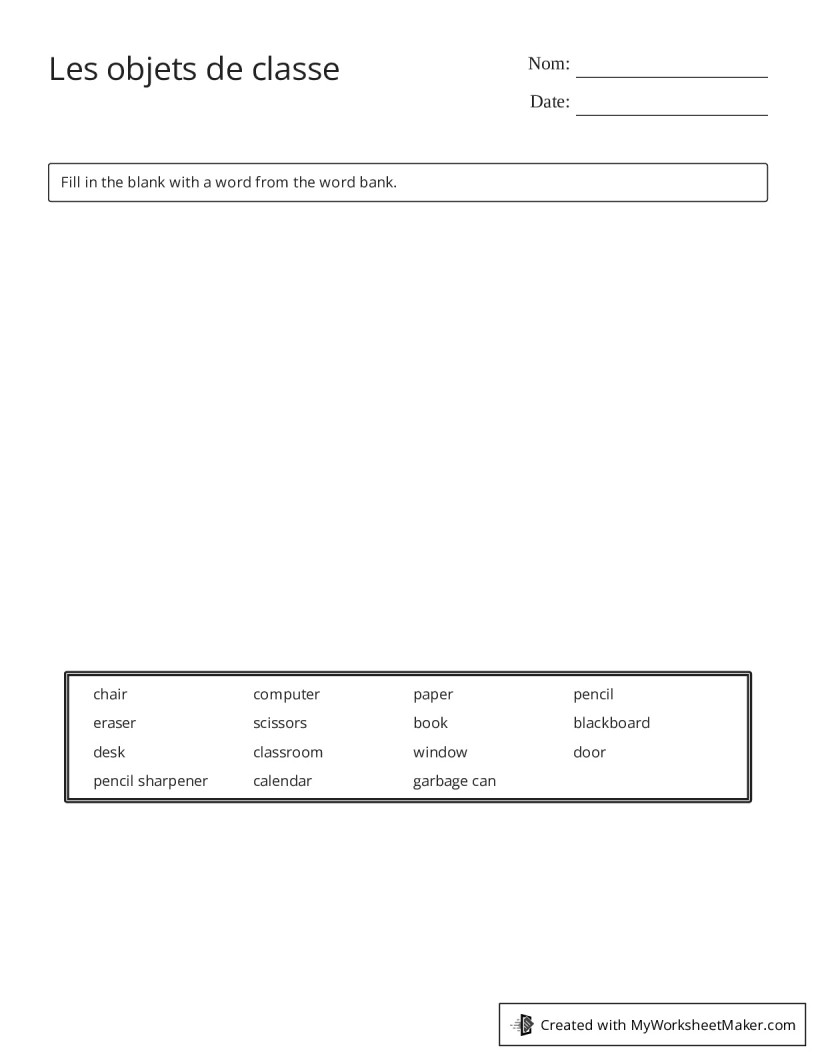 Les objets de classe - My Worksheet Maker: Create Your Own Worksheets