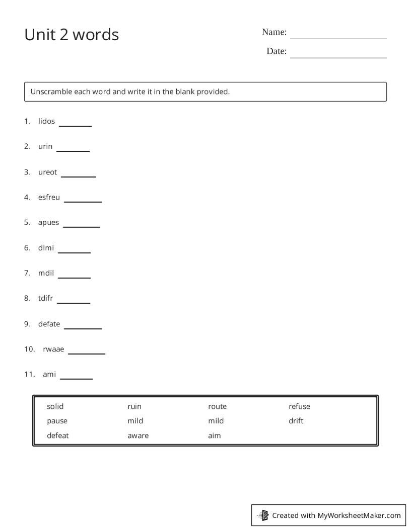 Unit 2 words - My Worksheet Maker: Create Your Own Worksheets