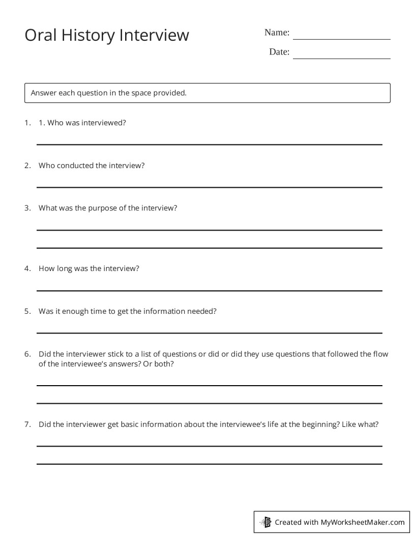 Oral History Interview - My Worksheet Maker: Create Your Own Worksheets
