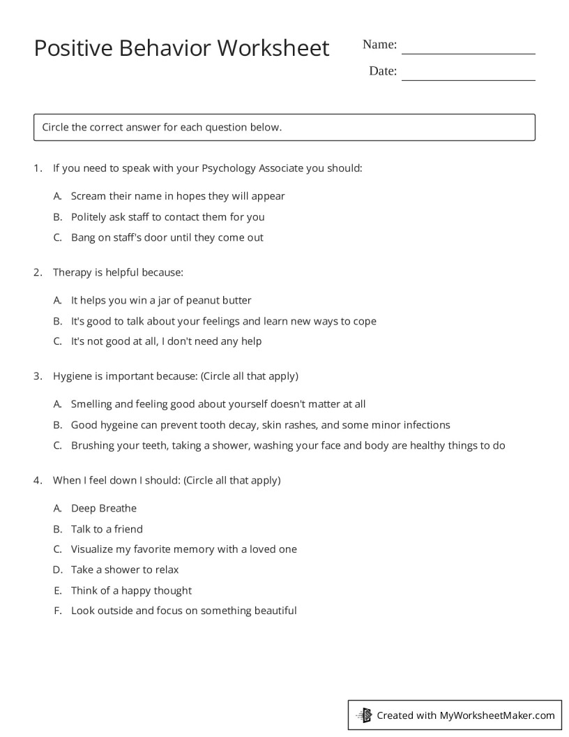 Positive Behavior Worksheet - My Worksheet Maker: Create Your Own ...