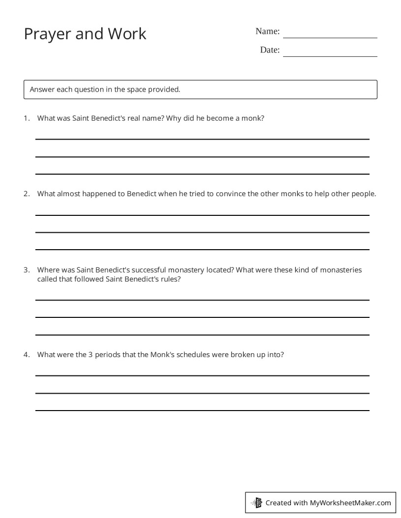 Prayer and Work - My Worksheet Maker: Create Your Own Worksheets