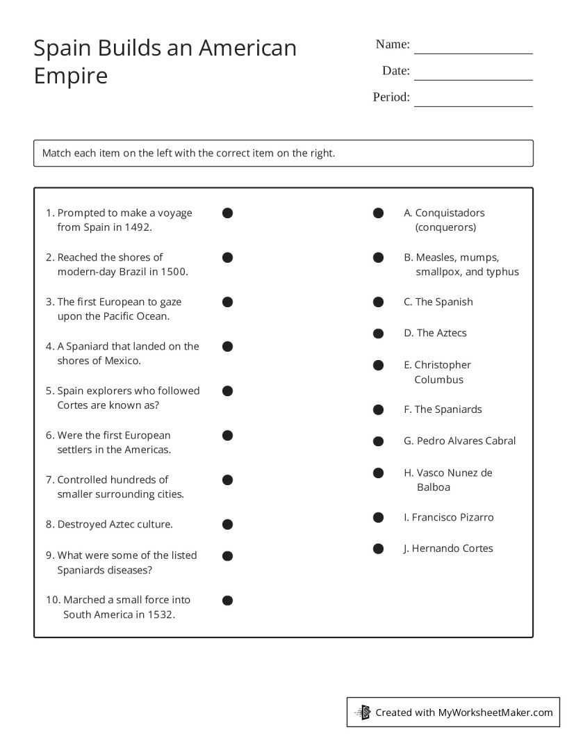 Spain Builds an American Empire - My Worksheet Maker: Create Your Own ...