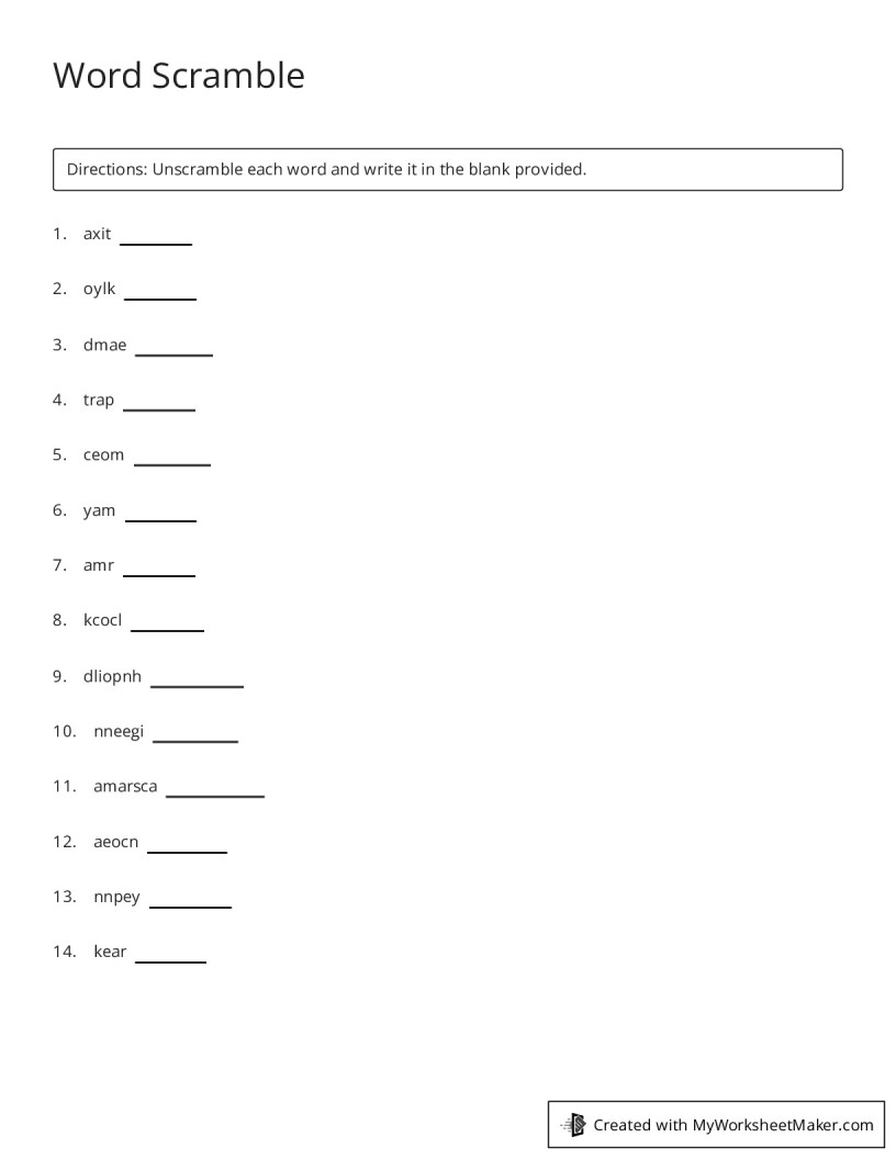 Word Scramble - My Worksheet Maker: Create Your Own Worksheets