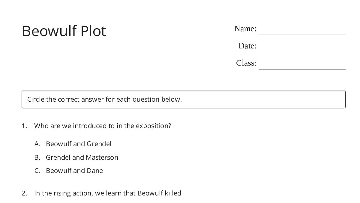 Beowulf Plot - My Worksheet Maker: Create Your Own Worksheets