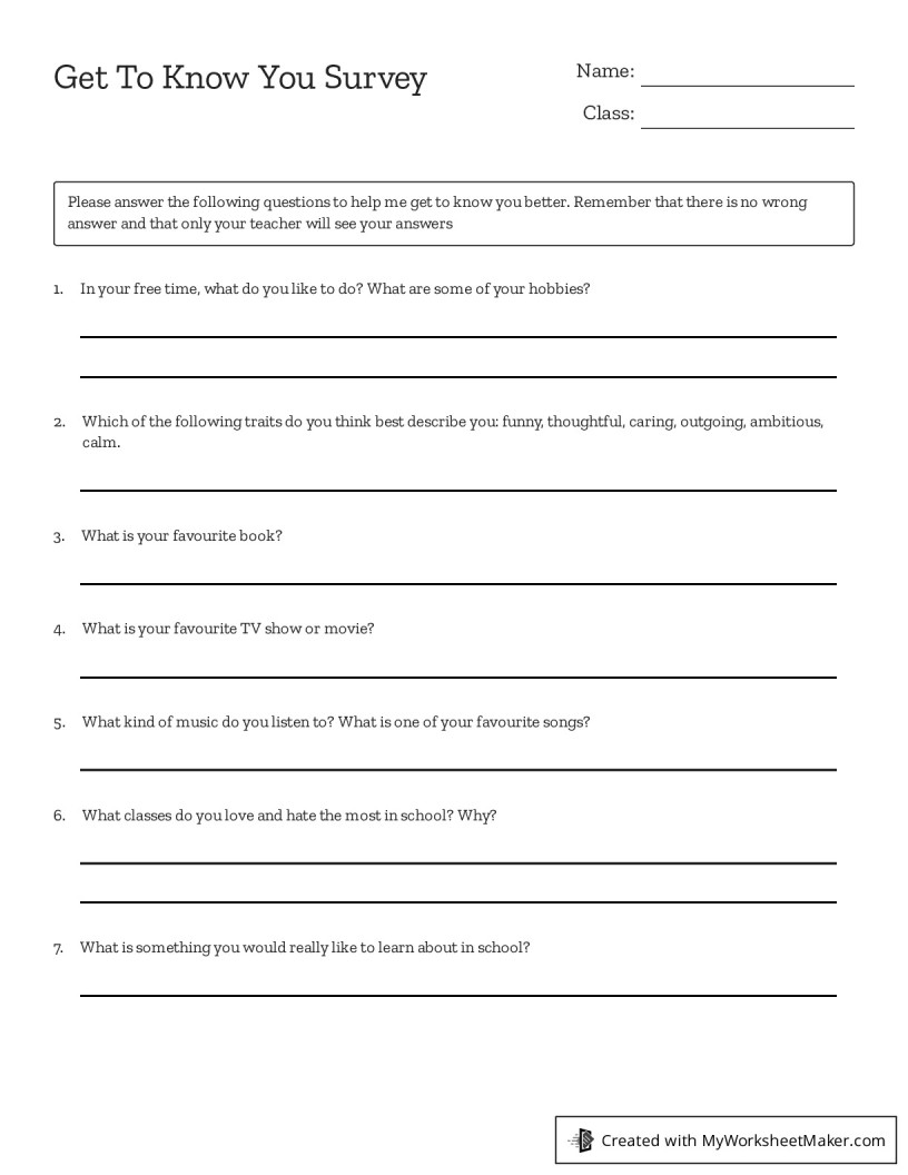 Get To Know You Survey - My Worksheet Maker: Create Your Own Worksheets