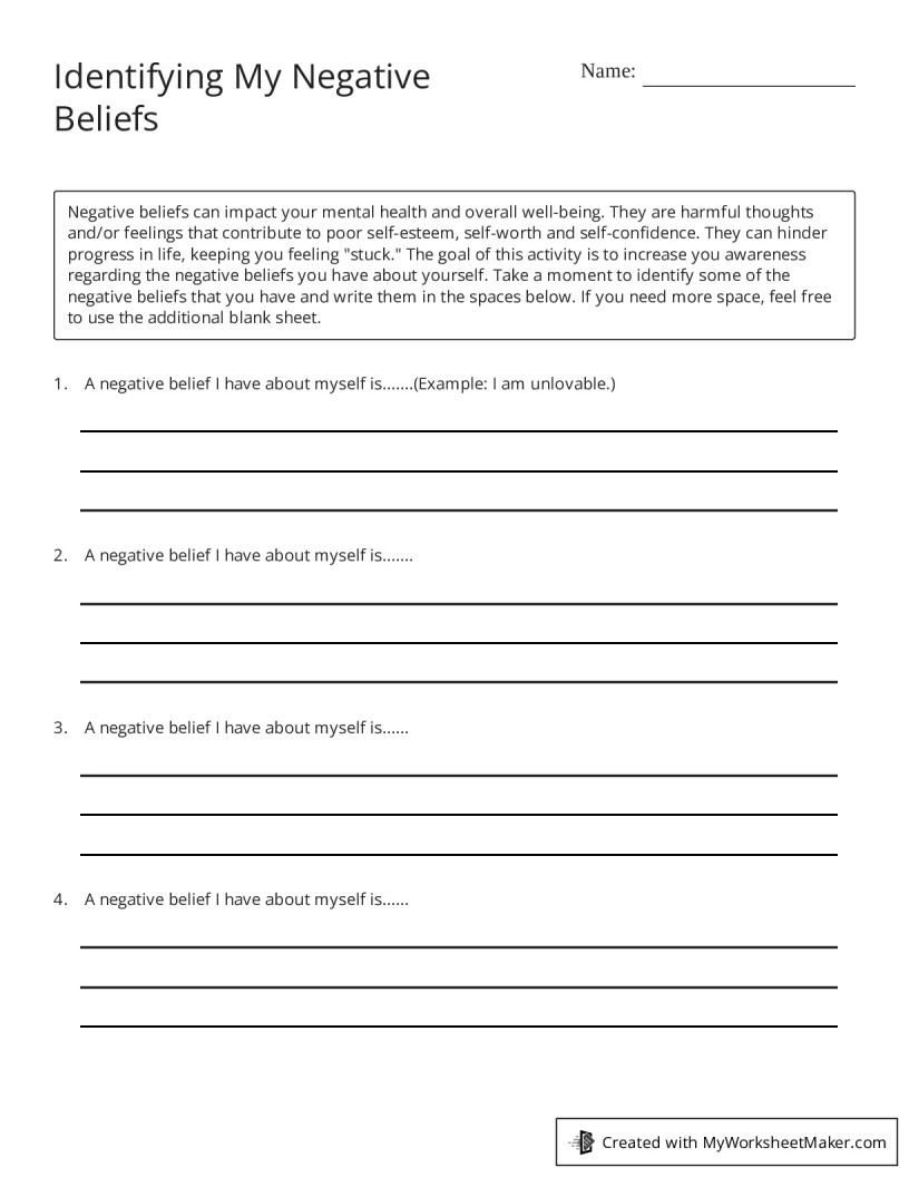 Identifying My Negative Beliefs - My Worksheet Maker: Create Your Own ...