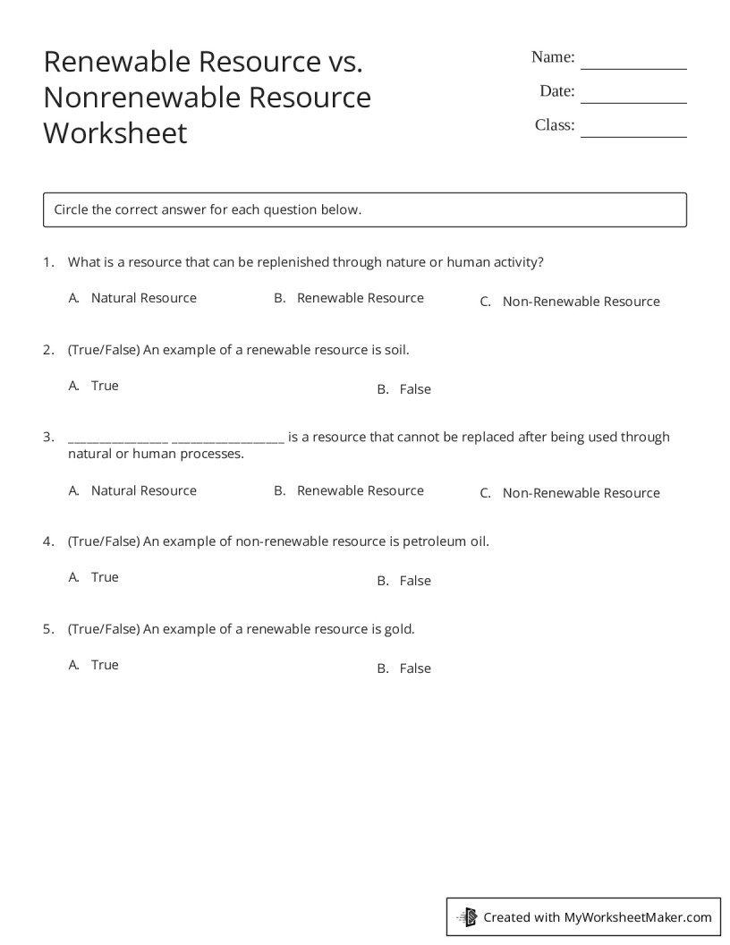 Renewable Resource vs. Nonrenewable Resource Worksheet - My Worksheet ...