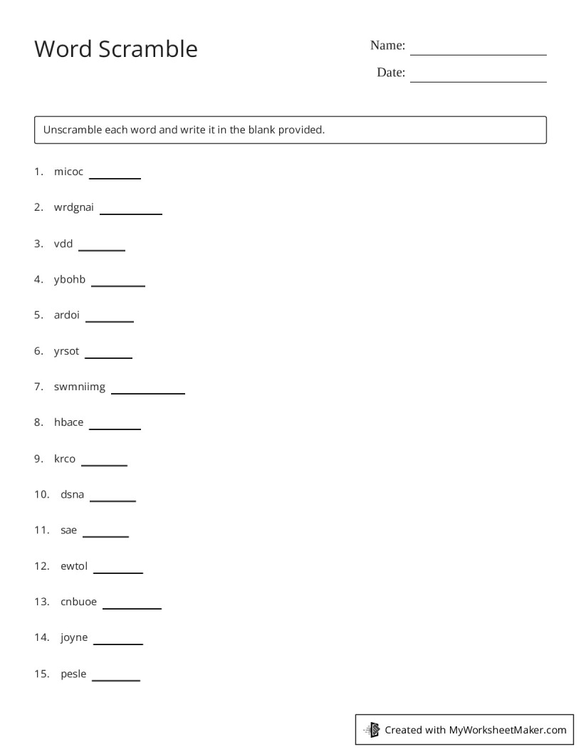 Word Scramble - My Worksheet Maker: Create Your Own Worksheets