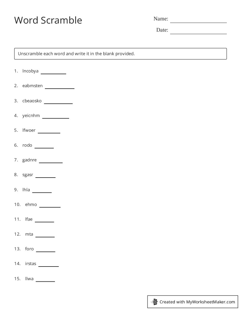 Word Scramble - My Worksheet Maker: Create Your Own Worksheets
