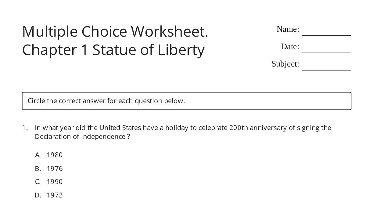Multiple Choice Worksheet. Chapter 1 Statue of Liberty - My Worksheet ...