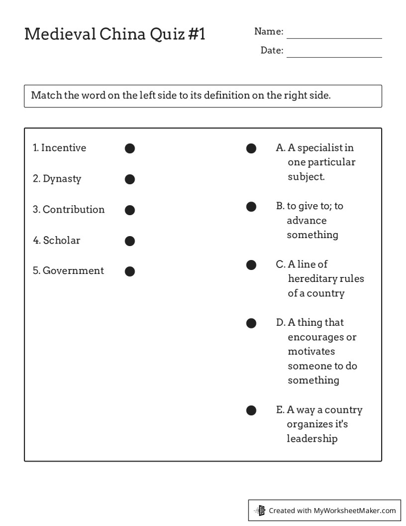 Medieval China Quiz #1 - My Worksheet Maker: Create Your Own Worksheets