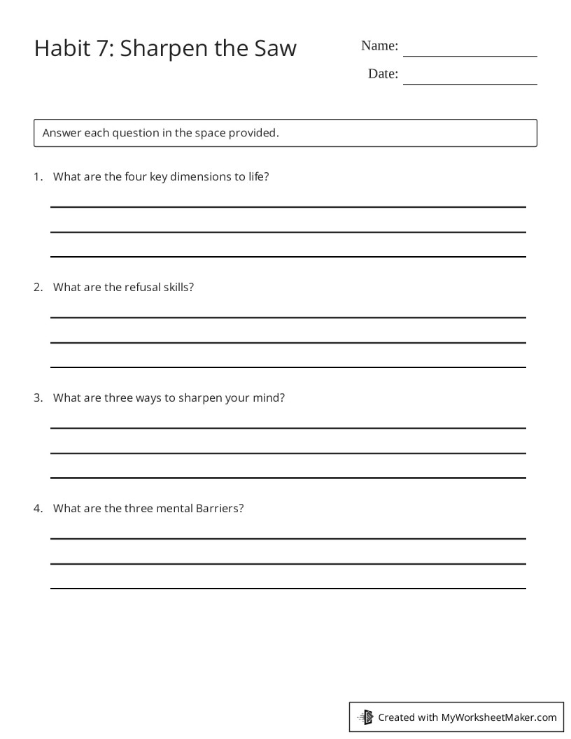 Habit 7: Sharpen the Saw - My Worksheet Maker: Create Your Own Worksheets