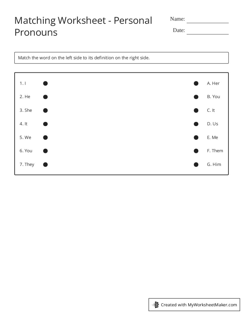 Matching Worksheet - Personal Pronouns - My Worksheet Maker: Create ...