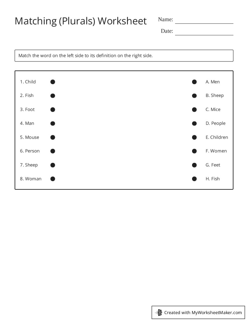 Matching (Plurals) Worksheet - My Worksheet Maker: Create Your Own ...