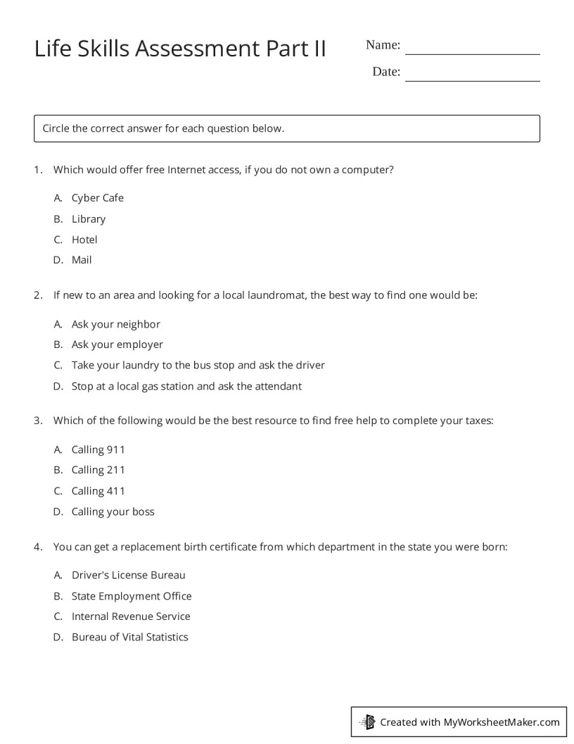 Life Skills Assessment Part II - My Worksheet Maker: Create Your Own ...