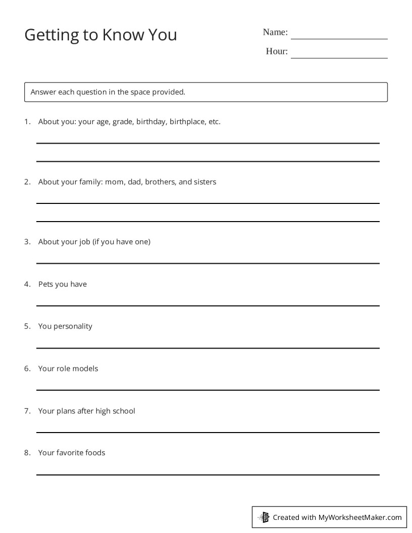 Getting to Know You - My Worksheet Maker: Create Your Own Worksheets