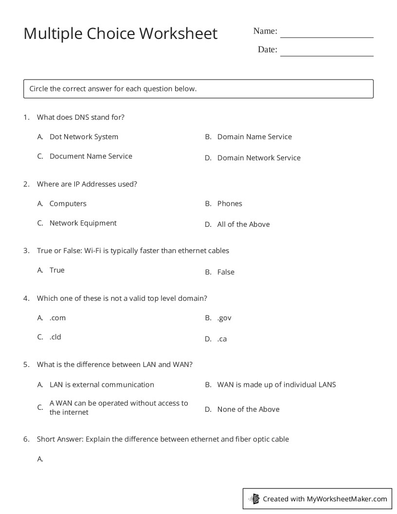 Multiple Choice Worksheet - My Worksheet Maker: Create Your Own Worksheets