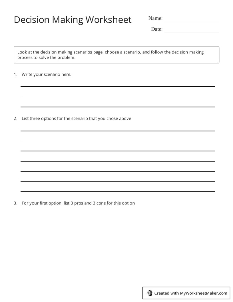 Business Decision Making Worksheets Health Care Decision Making