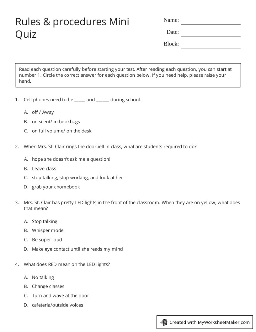 Rules & procedures Mini Quiz - My Worksheet Maker: Create Your Own ...
