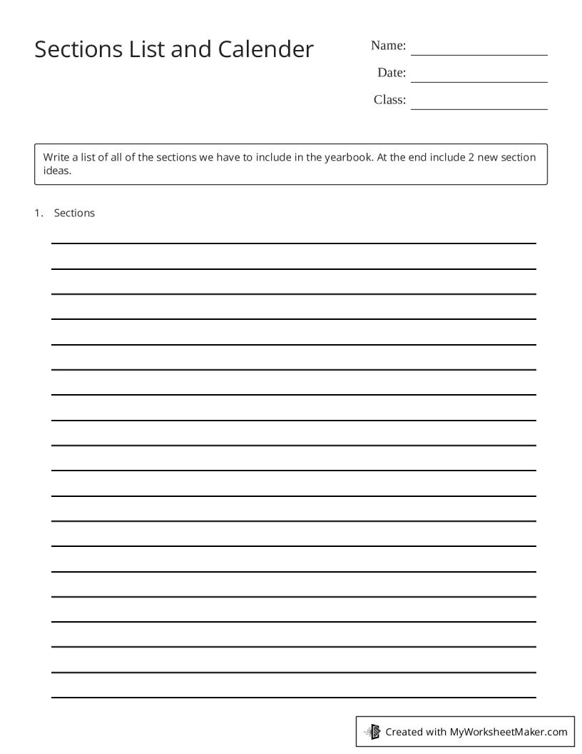 Sections List and Calender - My Worksheet Maker: Create Your Own Worksheets