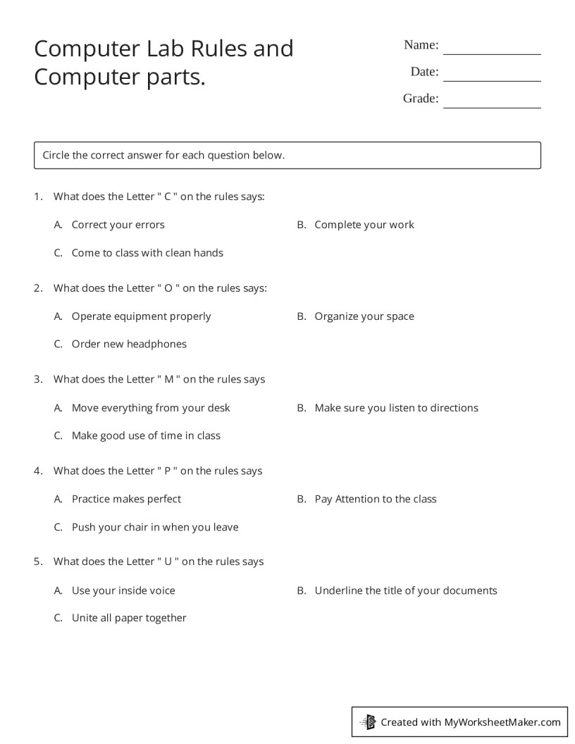 Computer Lab Rules and Computer parts. - My Worksheet Maker: Create ...