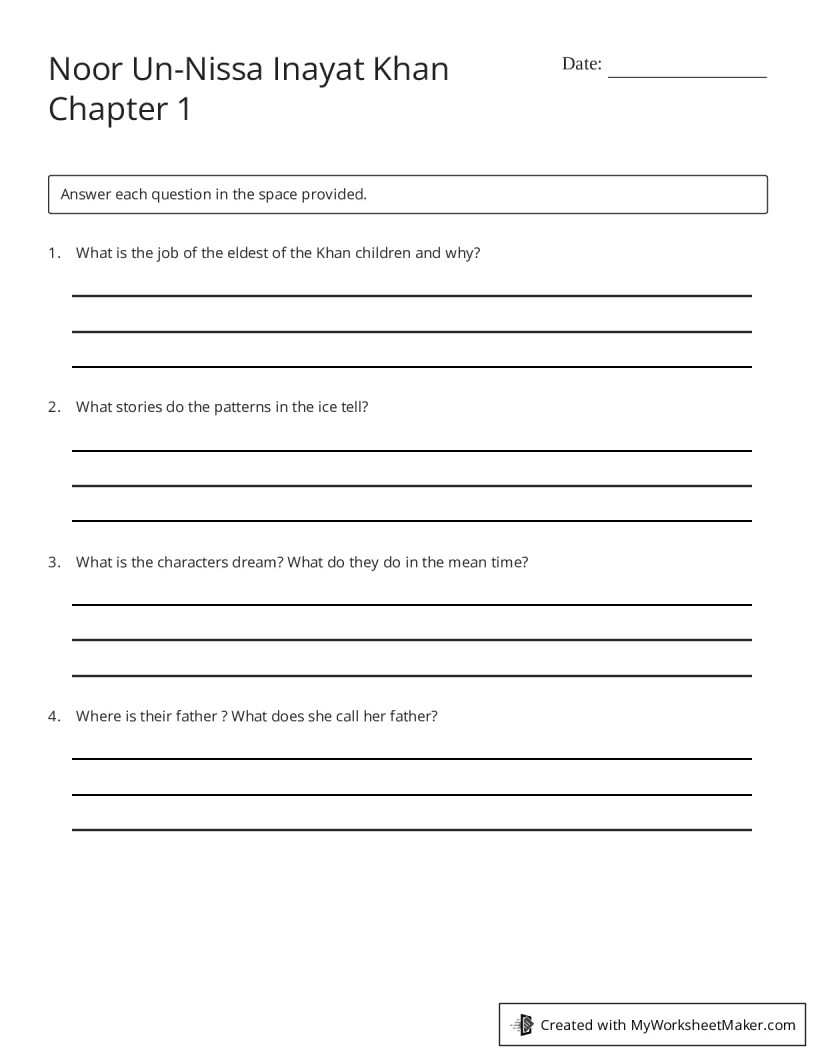 Noor Un-Nissa Inayat Khan Chapter 1 - My Worksheet Maker: Create Your ...