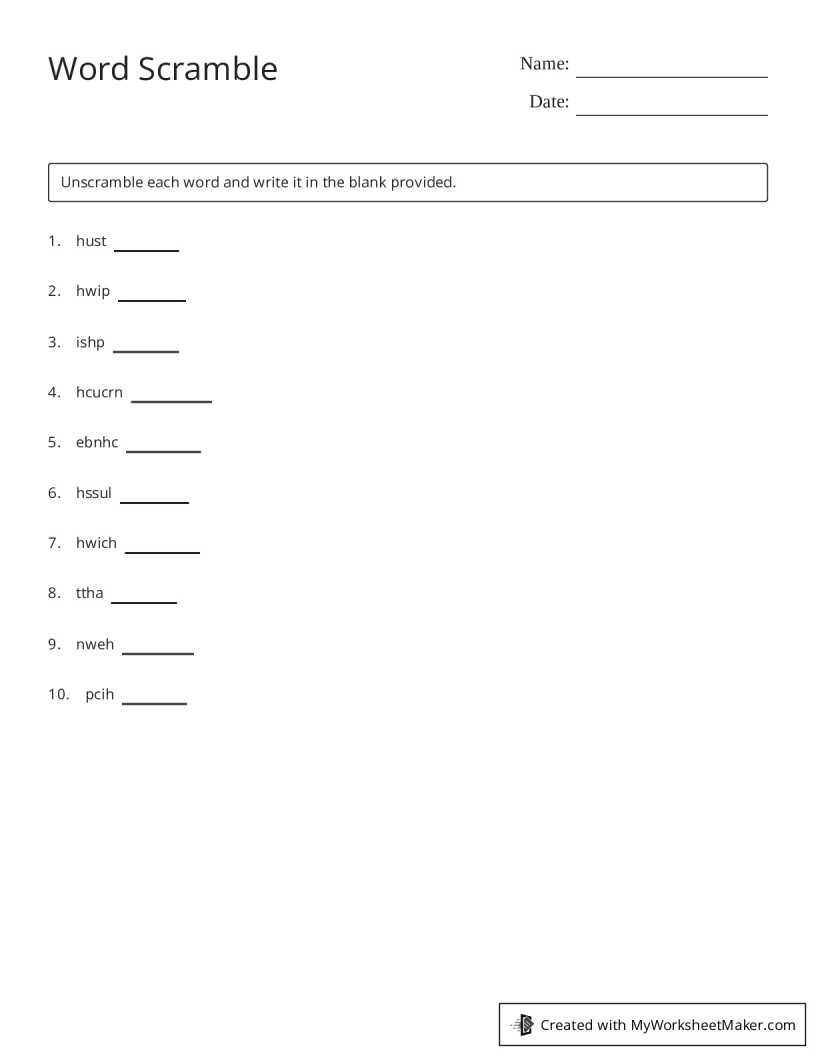 Word Scramble - My Worksheet Maker: Create Your Own Worksheets