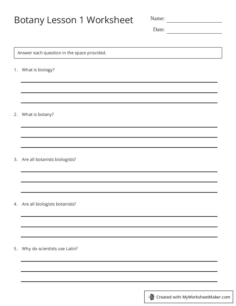 Botany Lesson 1 Worksheet - My Worksheet Maker: Create Your Own Worksheets