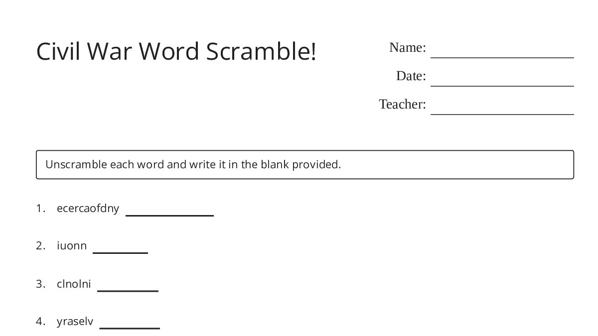 Civil War Word Scramble! - My Worksheet Maker: Create Your Own Worksheets