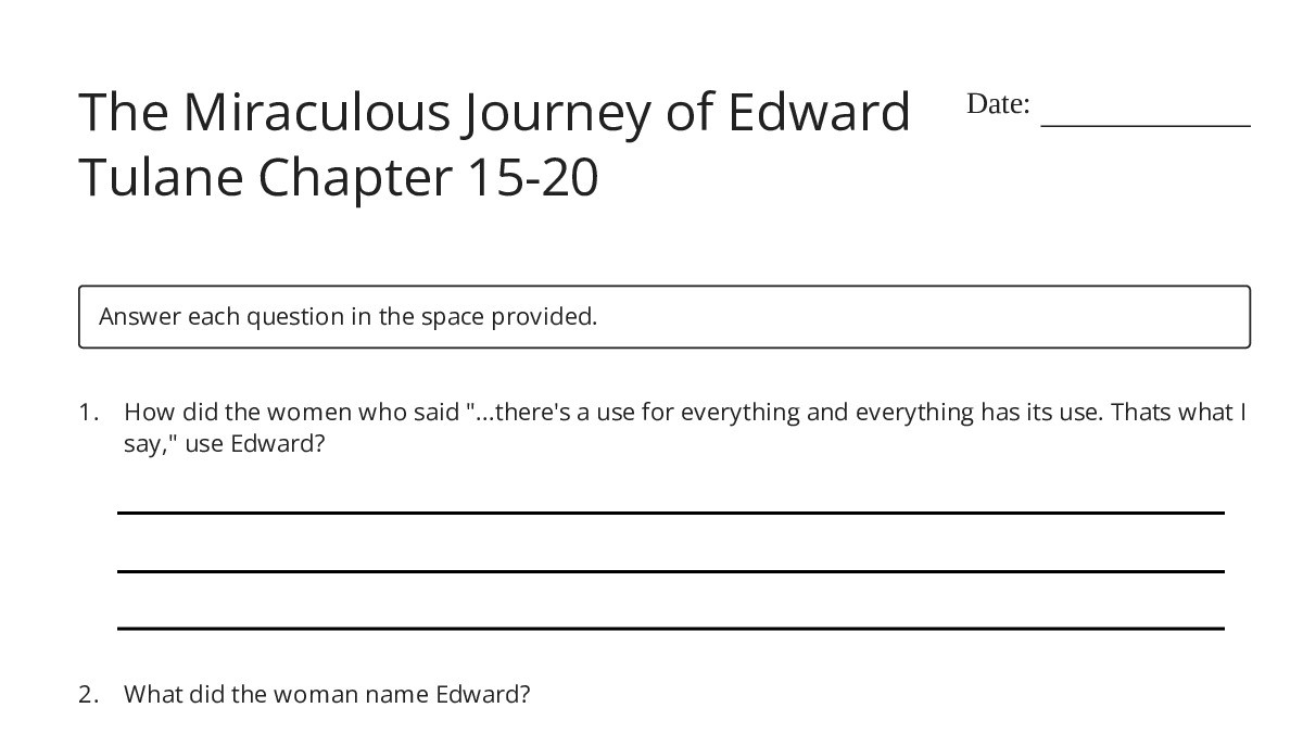The Miraculous Journey of Edward Tulane Chapter 15-20 - My Worksheet ...
