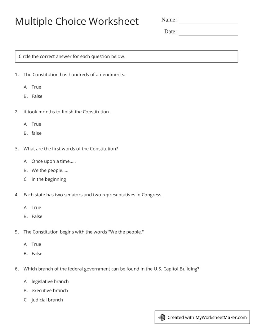 Multiple Choice Worksheet - My Worksheet Maker: Create Your Own Worksheets