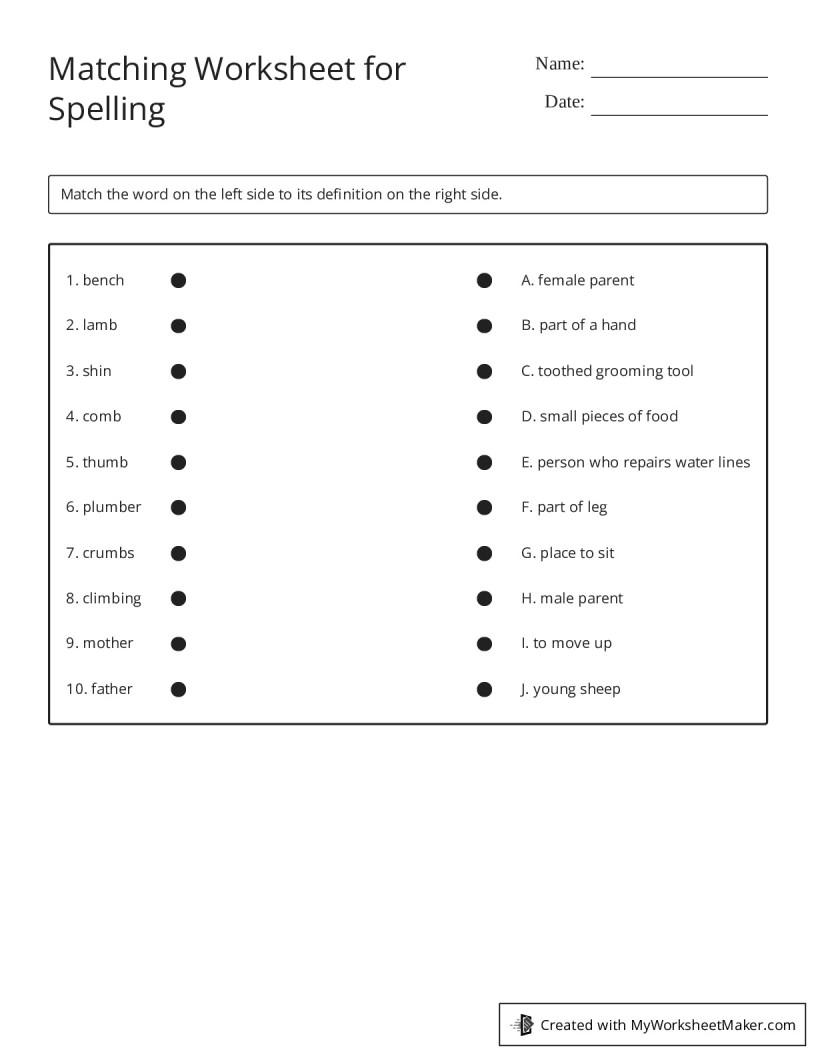 Matching Worksheet for Spelling - My Worksheet Maker: Create Your Own ...