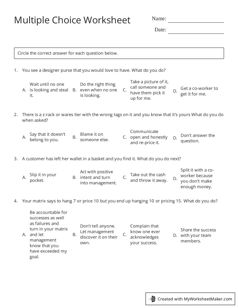 Multiple Choice Worksheet - My Worksheet Maker: Create Your Own Worksheets