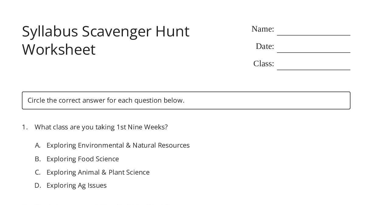 Syllabus Scavenger Hunt Worksheet - My Worksheet Maker: Create Your Own ...