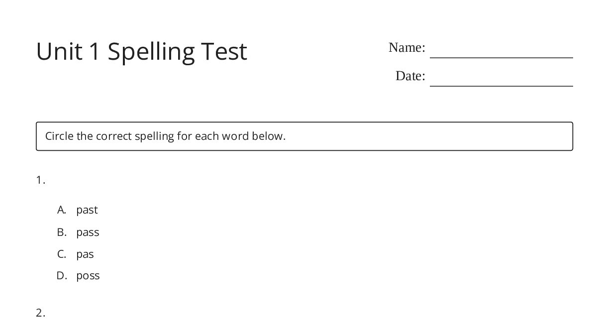 Unit 1 Spelling Test - My Worksheet Maker: Create Your Own Worksheets